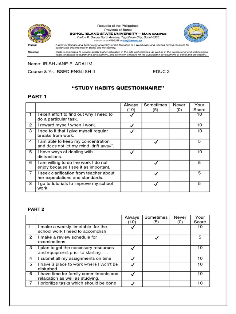 "Study Habits Questionnaire": Bohol Island State University - Main ...