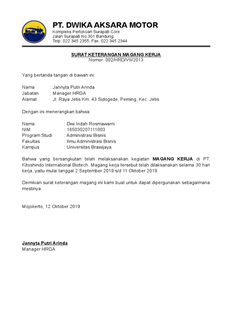 Surat Keterangan Magang Kerja Dari Perusahaan | PDF