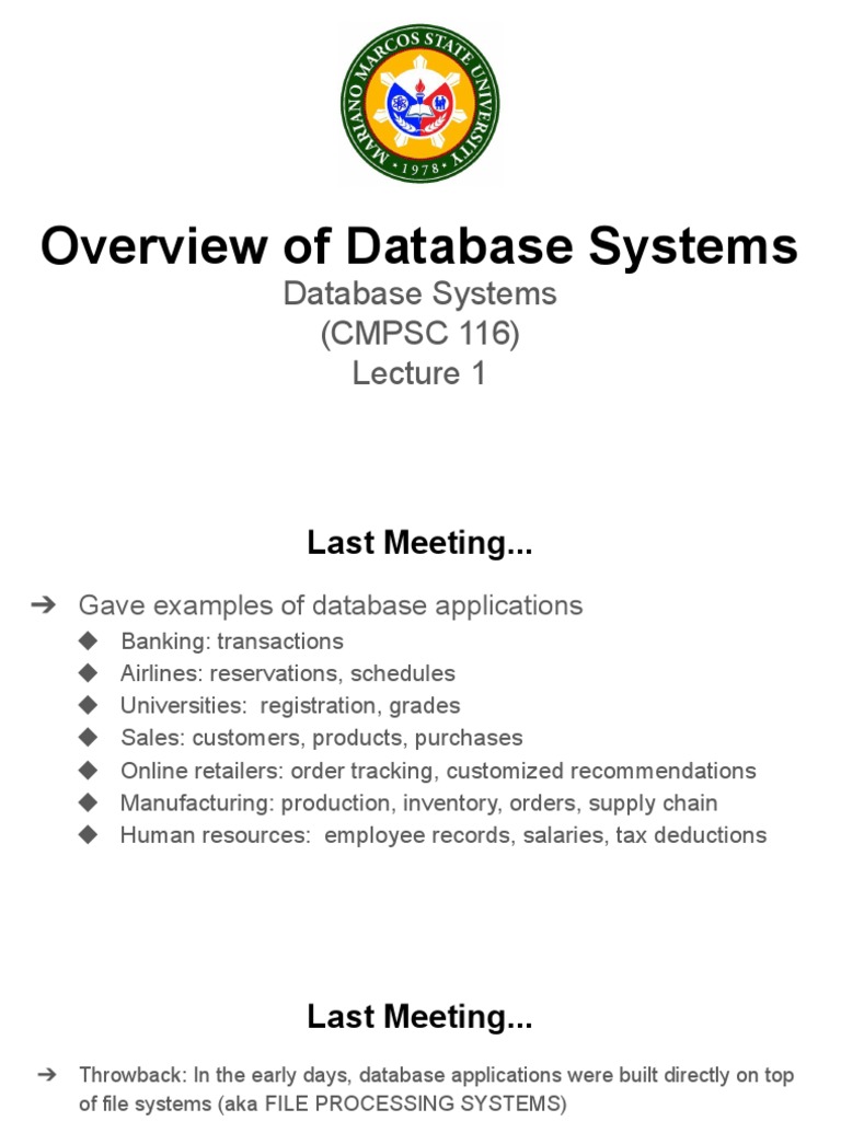 Lecture 1 Overview of Database Systems | PDF | Conceptual Model | Databases