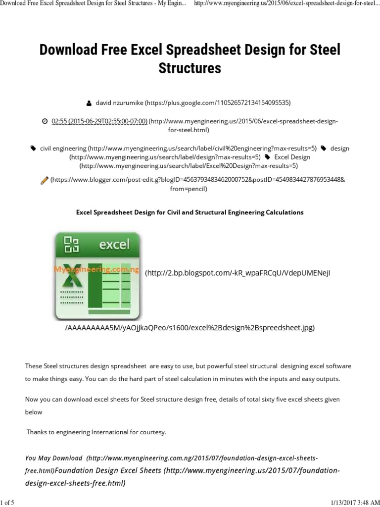 Free Excel Spreadsheet Design For Steel Structures My Engineering PDF ...