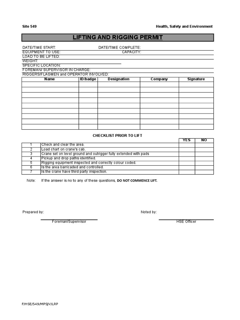 Lifting and Rigging Permit: Site 549 Health, Safety and Environment | PDF