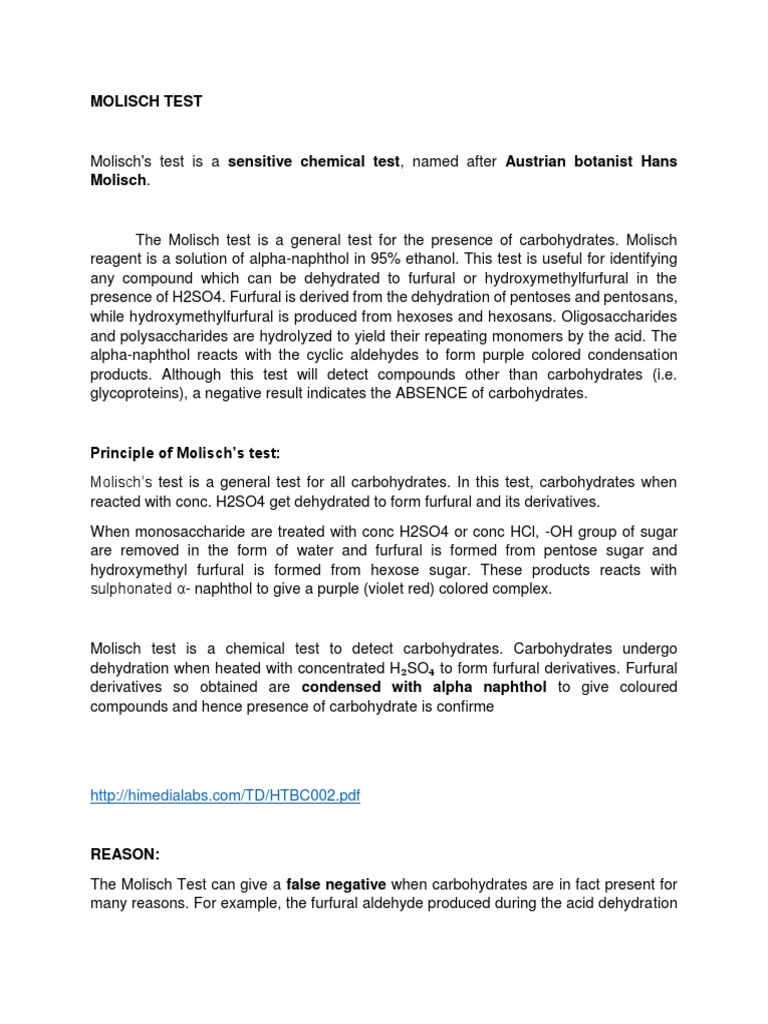 Molisch Test | PDF | Carbohydrates | Carbohydrate Chemistry