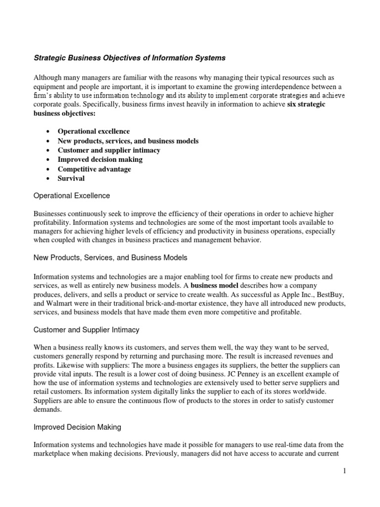 Strategic Business Objectives of Information Systems | PDF ...