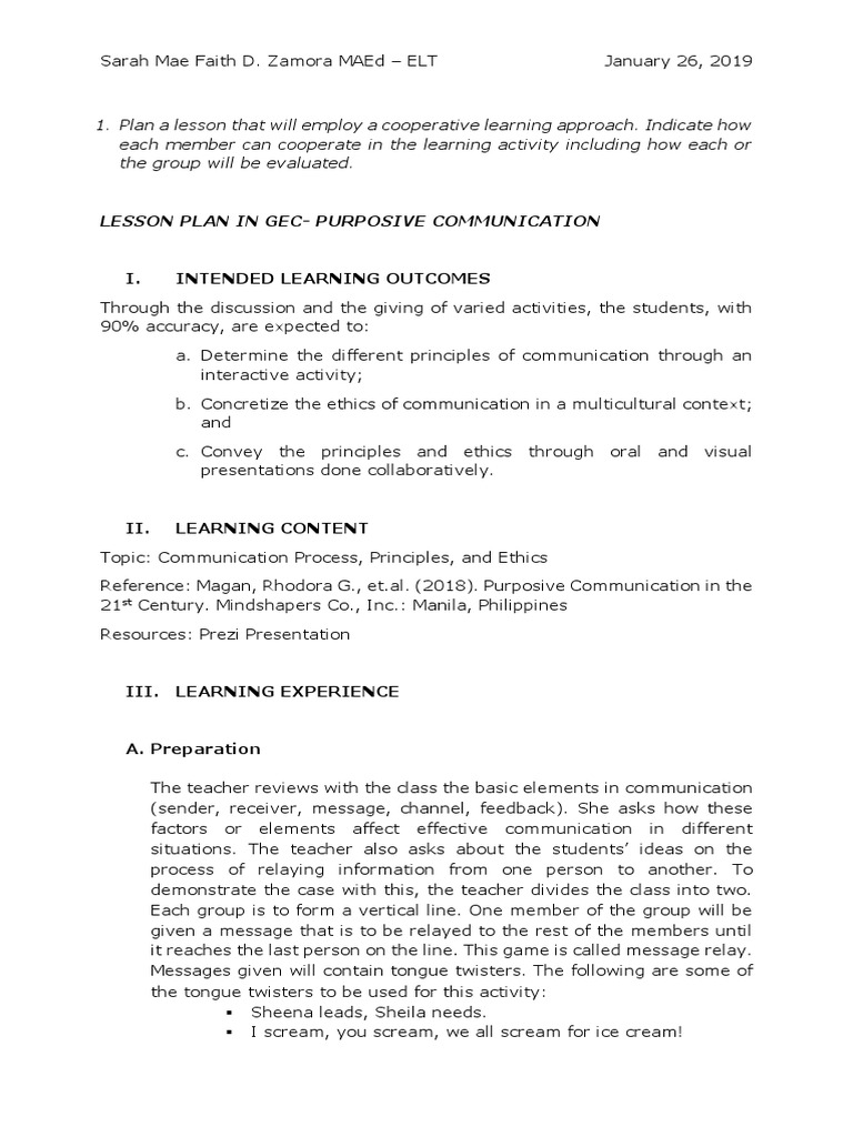 Lesson Plan in Purposive | PDF | Learning | Communication