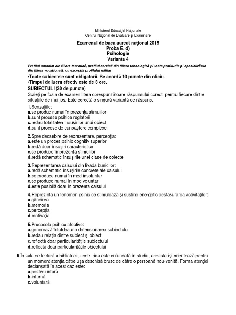 Grile Psiho Bac 2019 | PDF