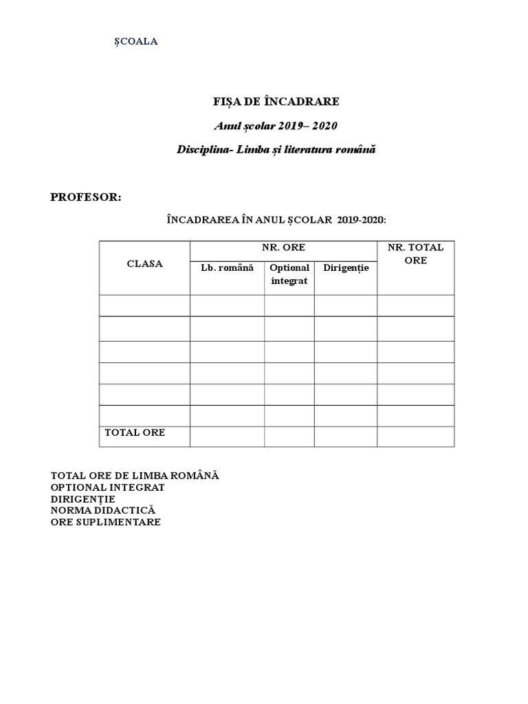 Model Fisa de Incadrare 2019-2020 | PDF