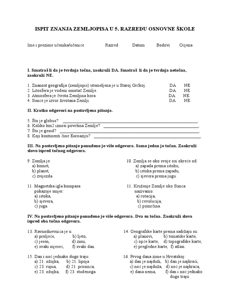 Ispit Znanja Zemljopis | PDF
