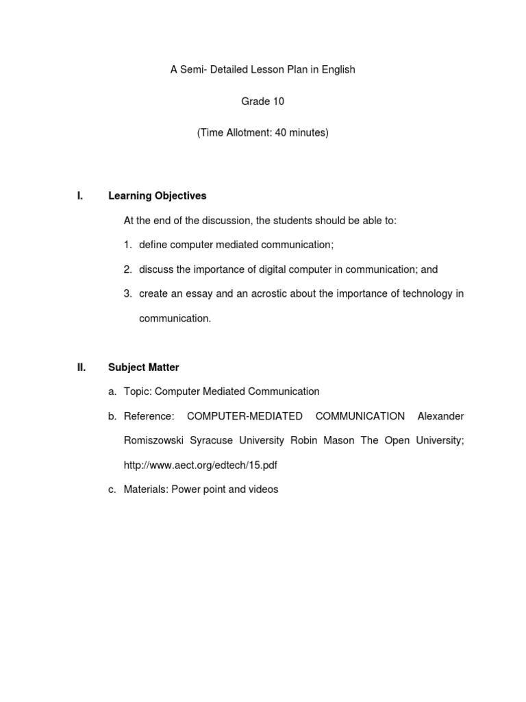 A Semi-Detailed Lesson Plan in English G | PDF | Computer Mediated ...