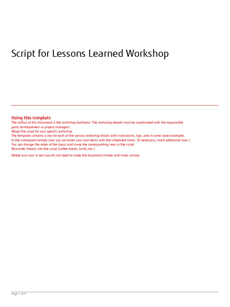 Script For Lessons Learned Workshop: Using This Template | Download ...