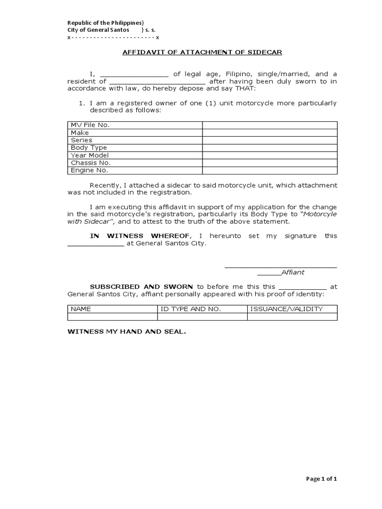 Affidavit of Attachment of Sidecar: With Sidecar", and To Attest To The ...