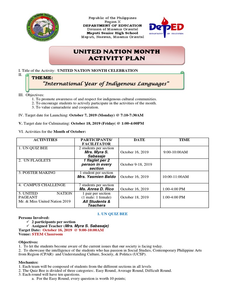 United Nation Month Activity Plan 2019 | PDF | Clothing | Psychology