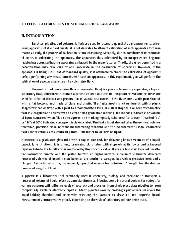 Calibrating the Tools of Measurement: Evaluating Volumetric Glassware ...