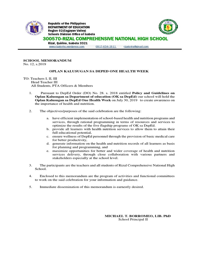 Oplan Kalusugan Sa Deped One Health Week | PDF | Health Care | Public ...
