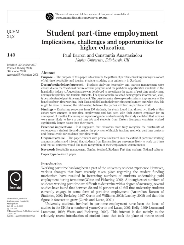 Student Part-Time Employment: Implications, Challenges and ...