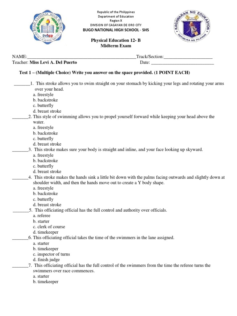 Pe 12 Midterm Exam | PDF | Swimming (Sport) | Referee
