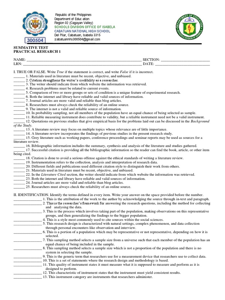 Summative Test - Practical Research 1 (Citation, Literature Review ...