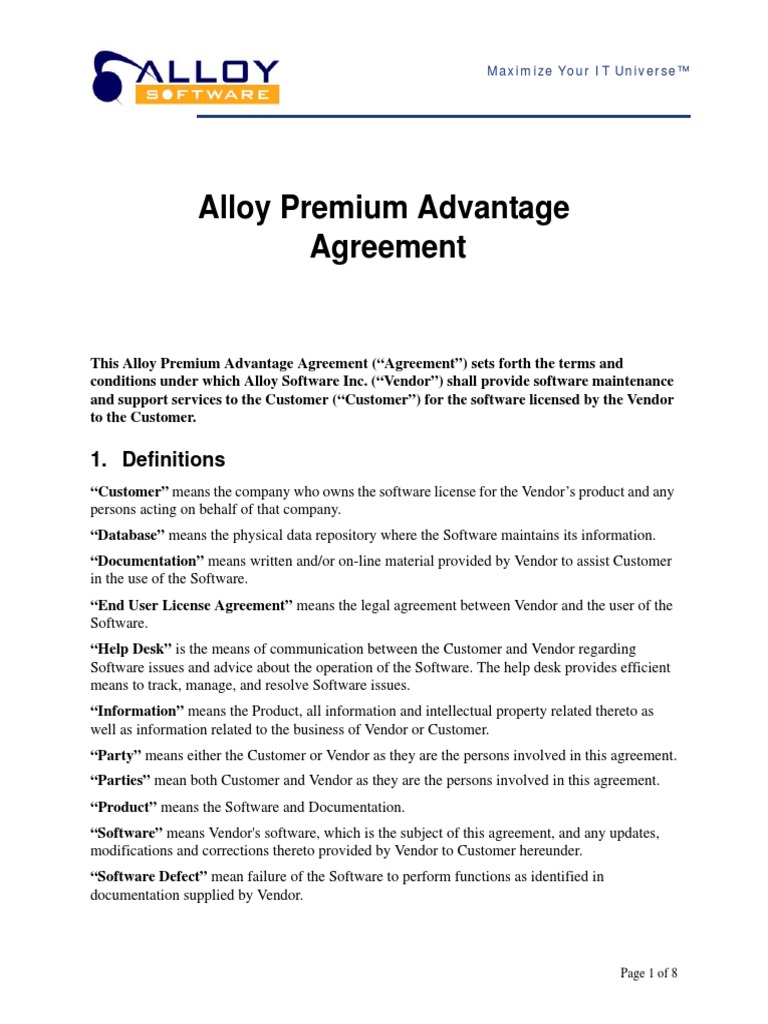 Alloy Premium Advantage Agreement: 1. Definitions | PDF ...