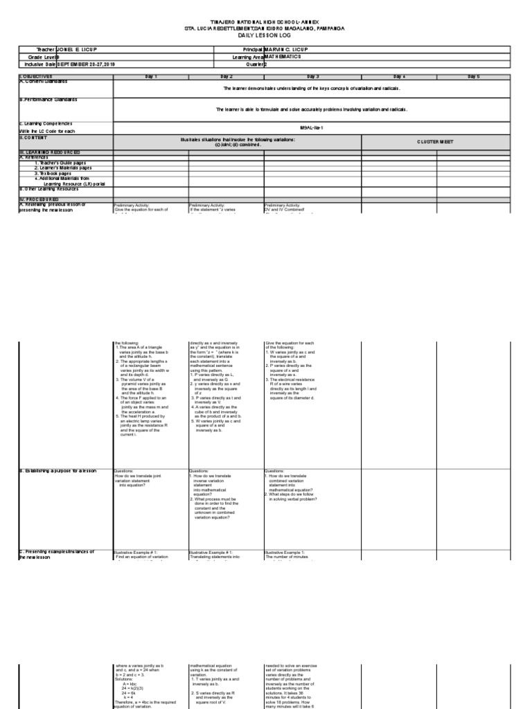 Daily Lesson Log PDF Multiplication Equations