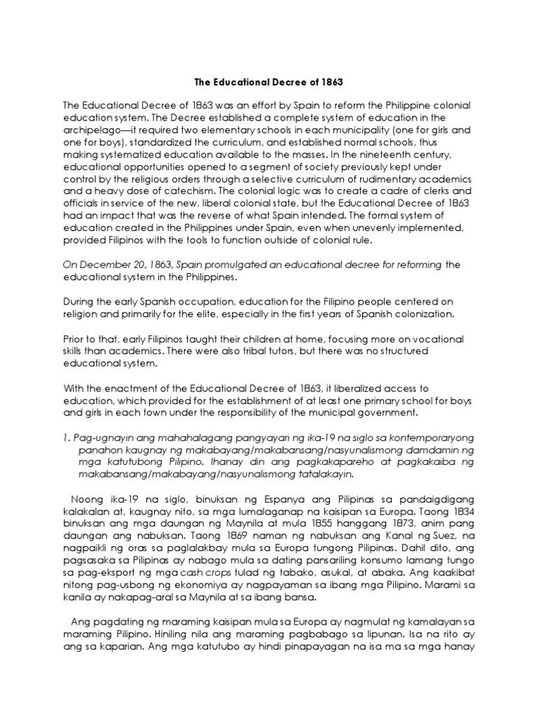 The Educational Decree of 1863 Was An Effort by Spain To Reform The Philippine Colonial ...