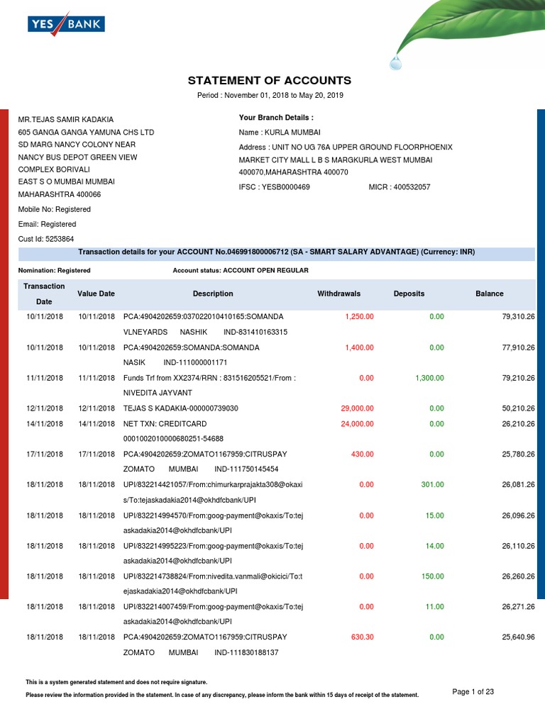 6-Month Bank Statement for Tejas Kadakia | PDF | Service Companies | Banks