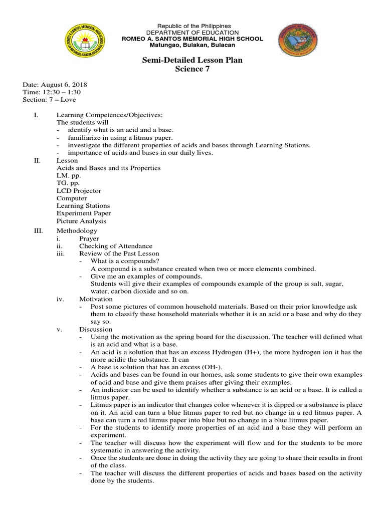 Semi-Detailed Lesson Plan in Science 7 | PDF | Acid | Ph