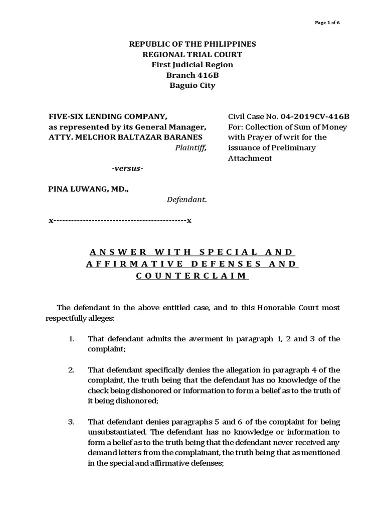 Answer With Special and Affirmative Defenses and Counterclaim ... Answer With Special and Affirmative Defenses and Counterclaim ...