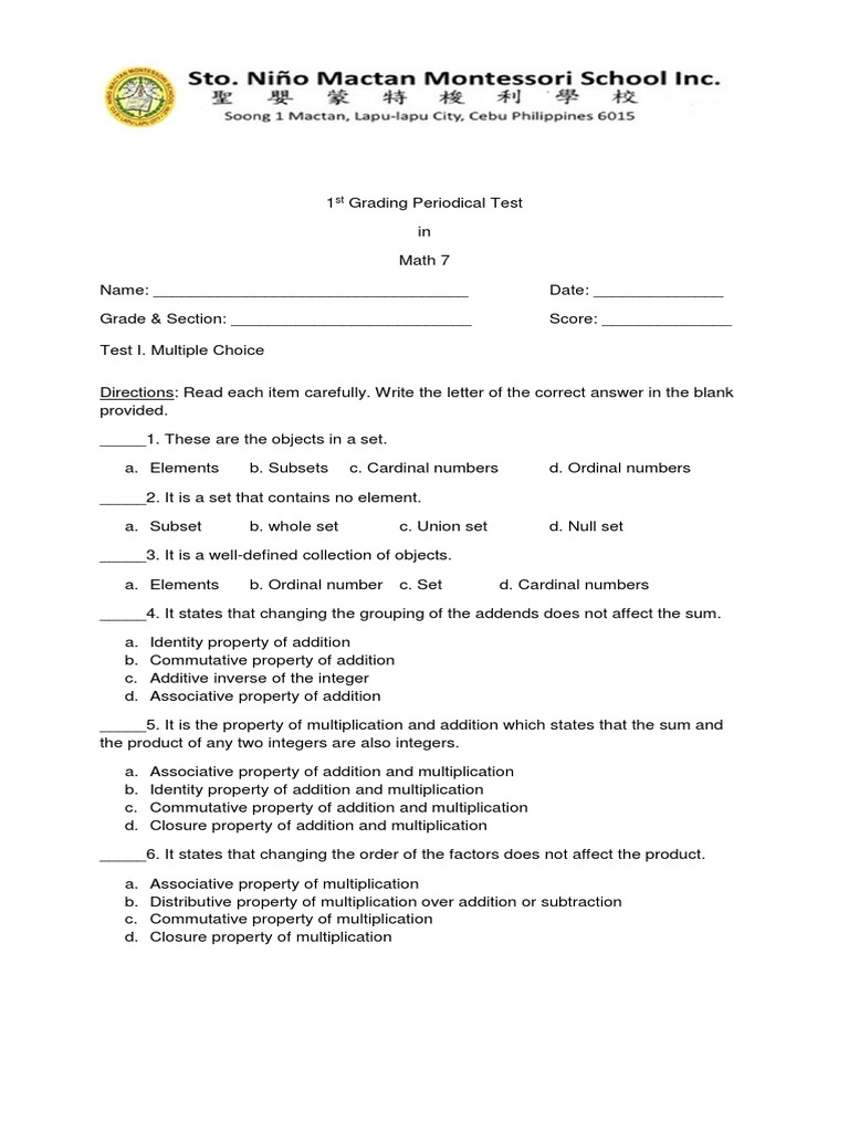 Math 7 Periodical Test | PDF | Multiplication | Set (Mathematics)