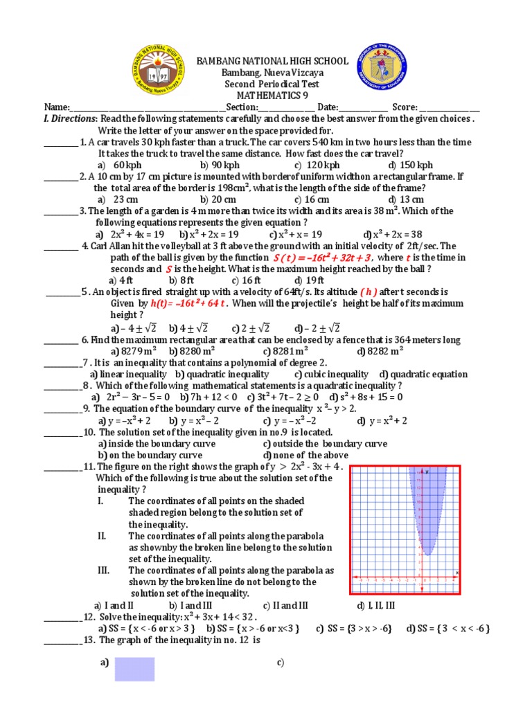 Second Periodical Test (Math 9) - SY 2017 - 2018 | PDF | Quadratic ...