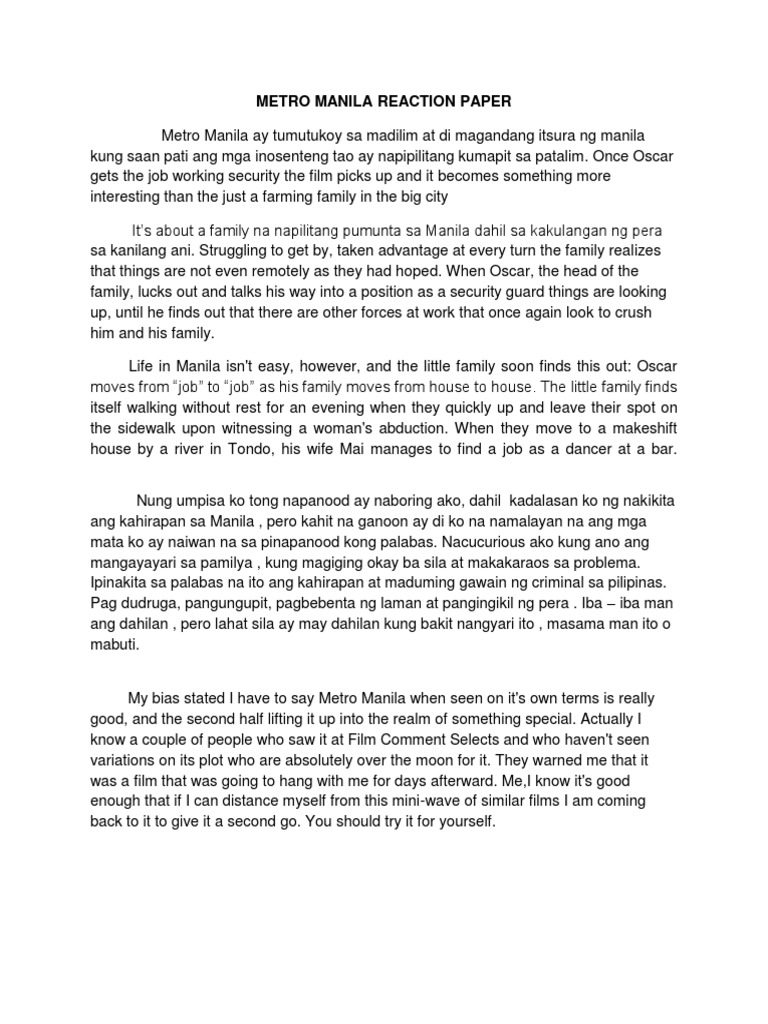 Metro Manila Reaction Paper | PDF
