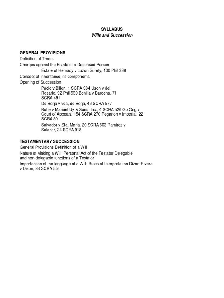 Wills and Succession Syllabus | PDF | Will And Testament | Intestacy