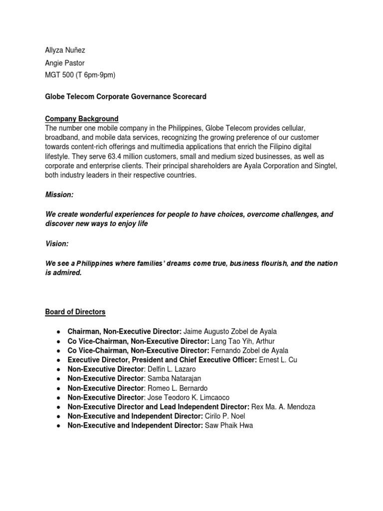 Globe CG Scorecard | PDF | Board Of Directors | Corporate Governance