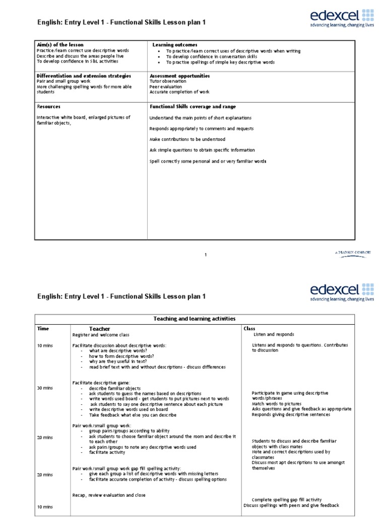 English: Entry Level 1 - Functional Skills Lesson Plan 1: Aim(s) of The ...