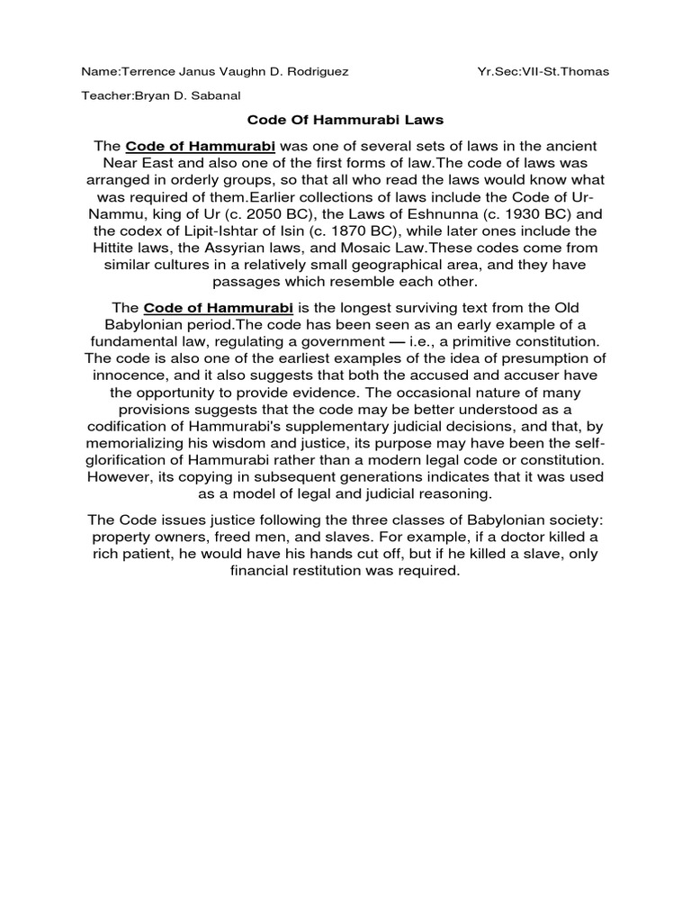 An Analysis of the Code of Hammurabi: One of the First Recorded Sets of ...