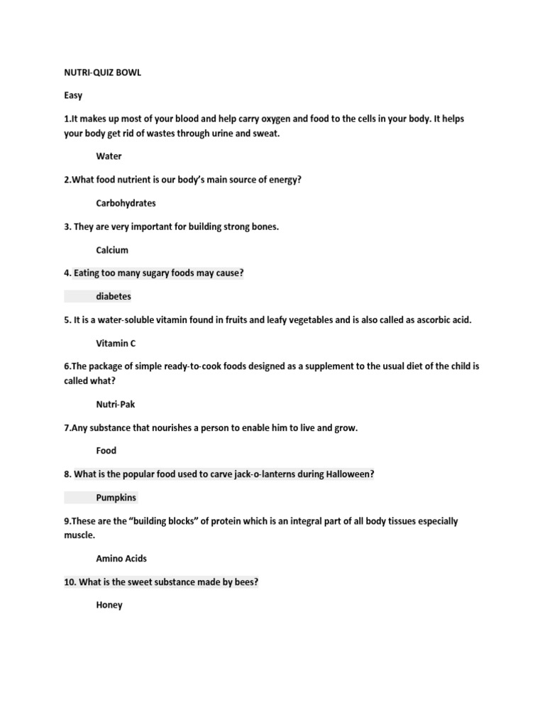 Nutrition Knowledge Quiz: Exploring Key Concepts Related to Nutrients ...