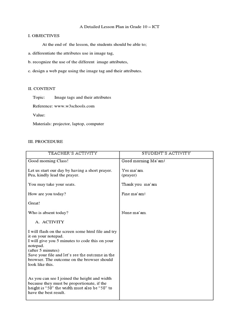 A Detailed Lesson Plan in HTML | PDF | Html | Computing