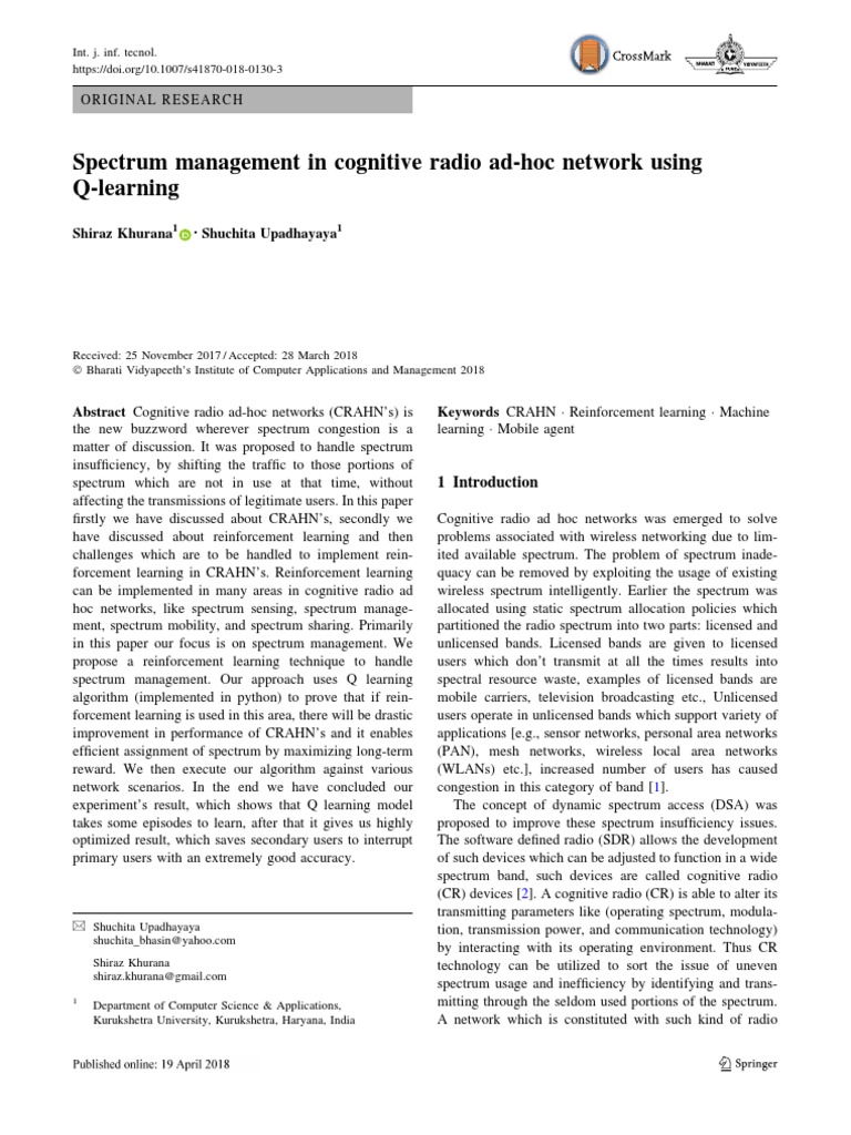 Spectrum Management In Cognitive Radio Ad Hoc Network Using Q Learning Pdf Cognitive Radio