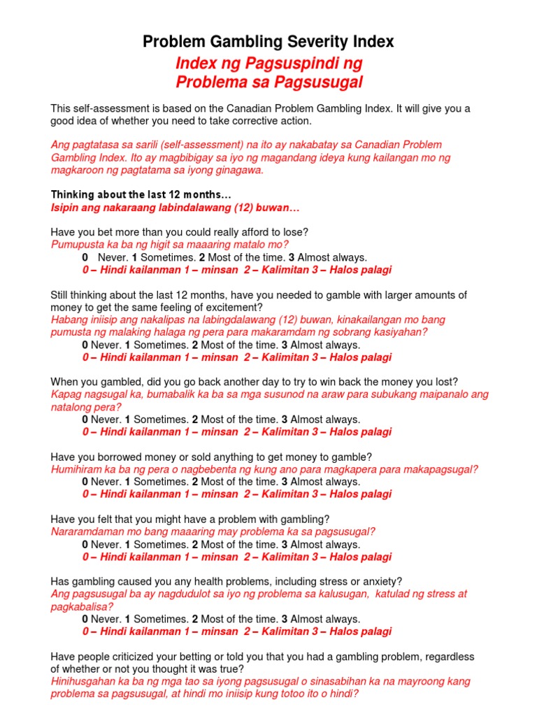 Problem Gambling Severity Index: Index NG Pagsuspindi NG Problema Sa ...