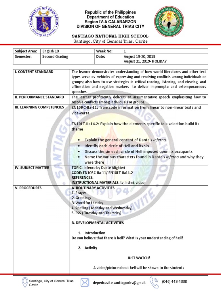 DLP English 10 - 2q Week 1 | PDF | Hell | Divine Comedy