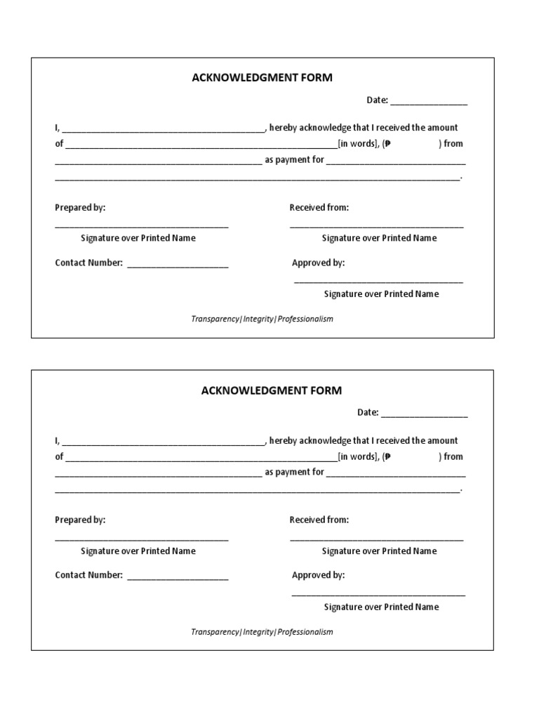 Acknowledgment Form: Transparency - Integrity - Professionalism | PDF