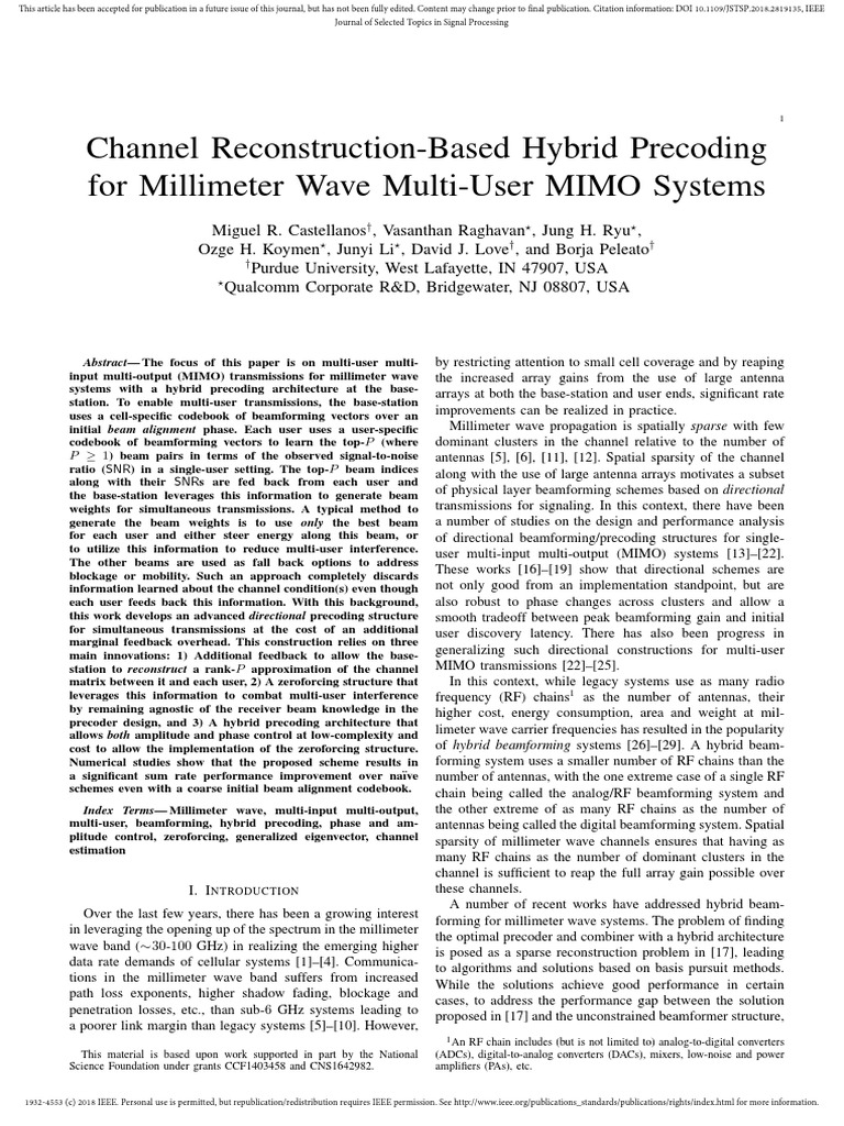 Channel Reconstruction-Based Hybrid Precoding For Millimeter Wave Multi-User MIMO Systems | PDF ...