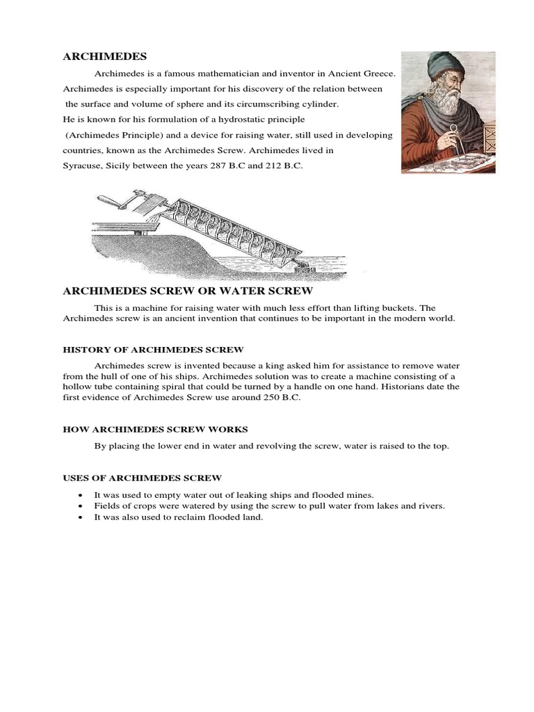 Archimedes and His Water Screw Invention | PDF | Social Science