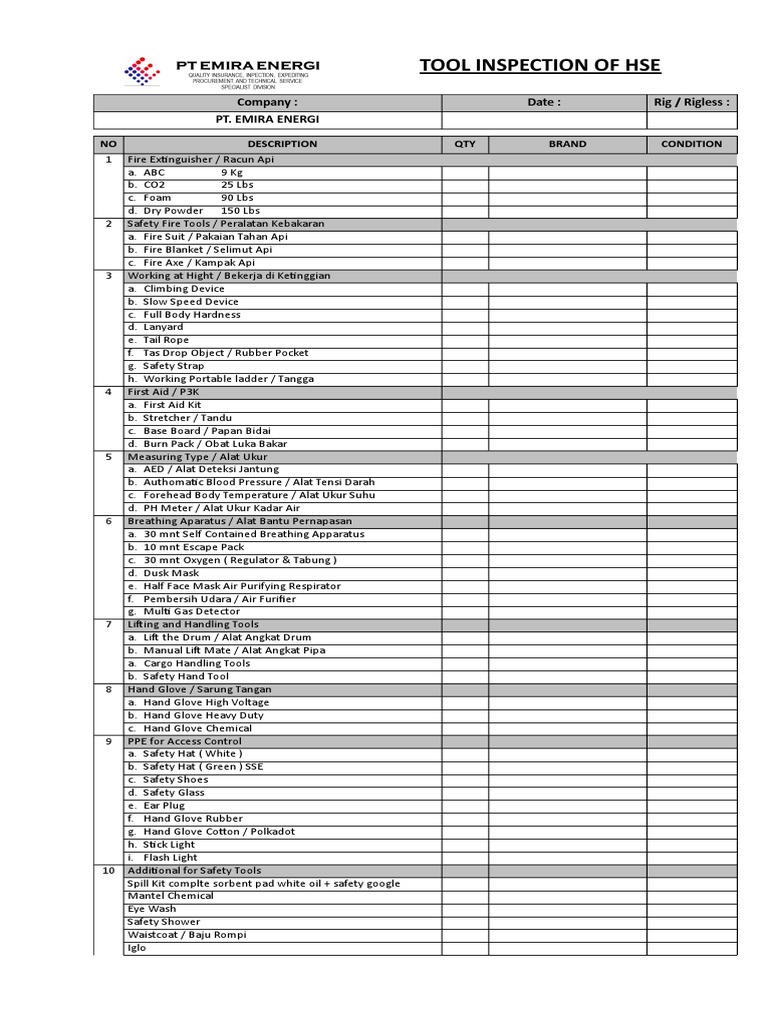 Tool Inspection of Hse: Company: Date: Rig / Rigless: Pt. Emira Energi ...
