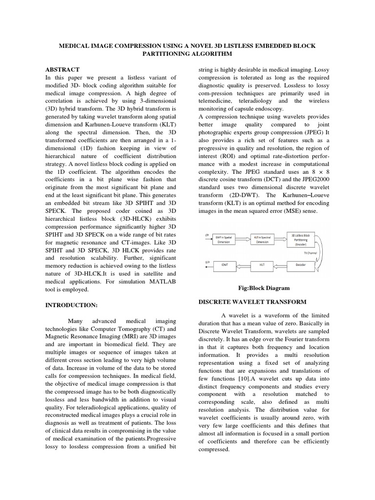 Medical Image Compression Using A Novel 3D Listless Embedded Block Partitioning Algorithm | PDF ...