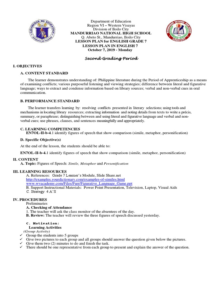 Figures of Speech Lesson Plan for Grade 7 | PDF | Metaphor | Lesson Plan