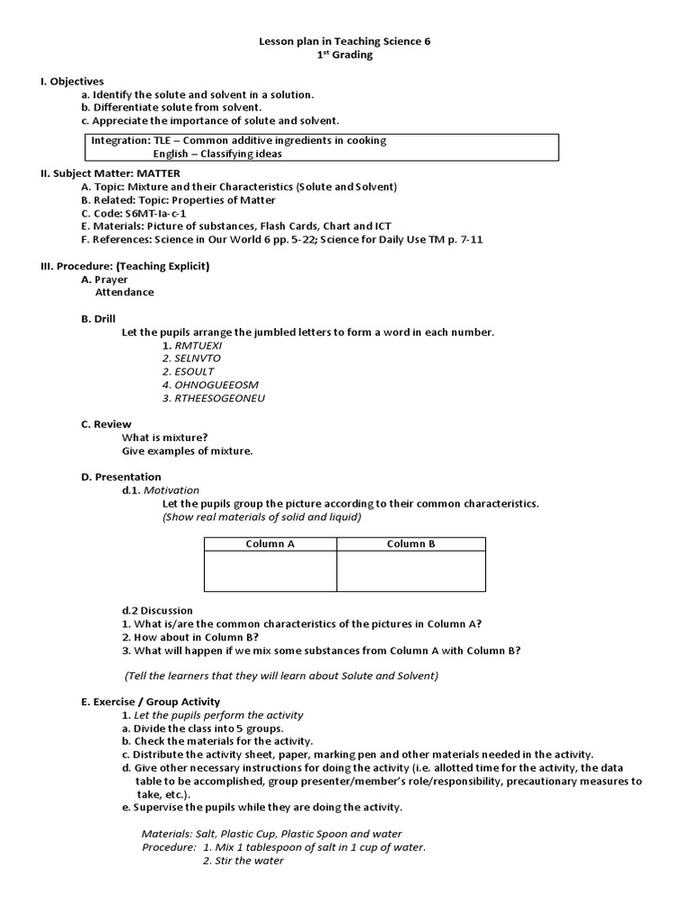Grade 6 Science Lesson Plan: Solutions | PDF | Solution | Solvent