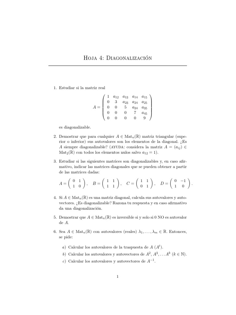 Diagonalización de Matrices Reales | PDF | Valores propios y vectores propios | Matriz (Matemáticas)