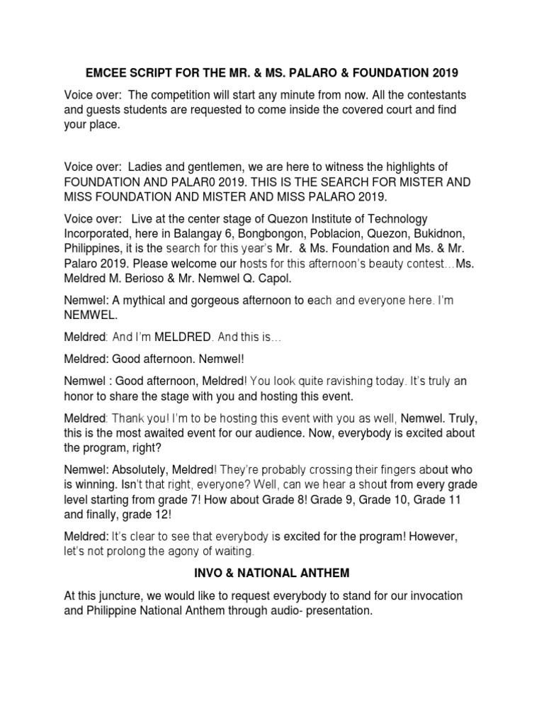 Emcee Script For The MR and Ms. | PDF