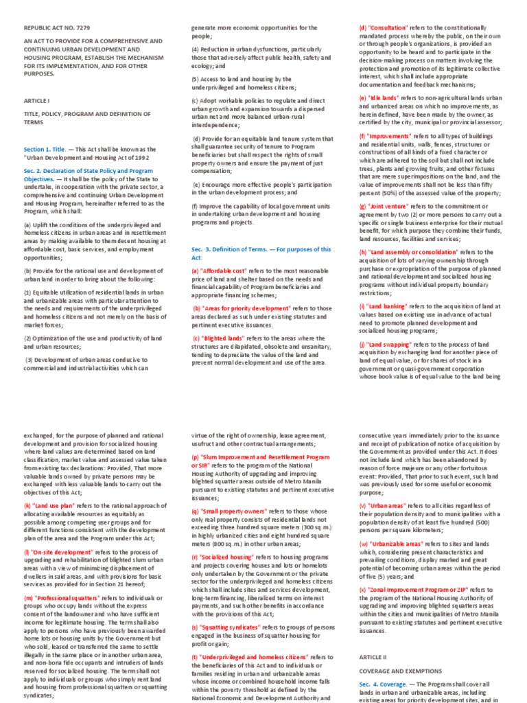 Ra 7279 Property | PDF | Squatting | Eminent Domain