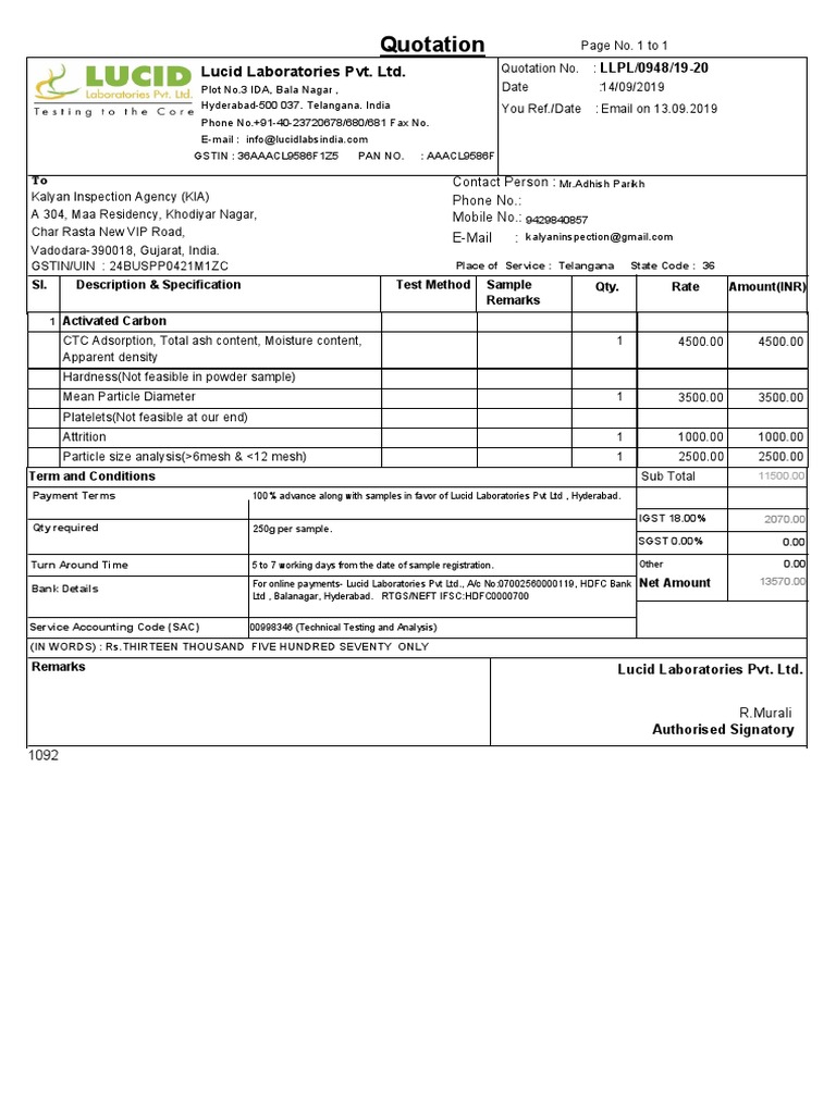 Quotation-Kalyan Inspection Agency-Q1092 | PDF | Chemistry | Nature