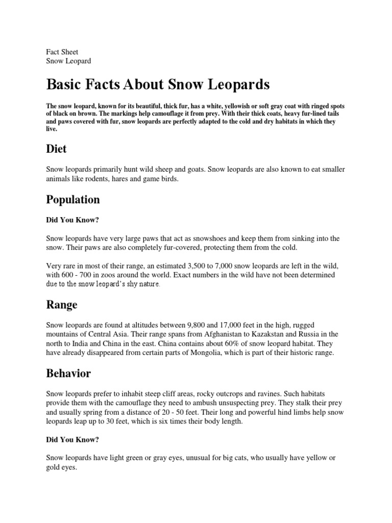 Basic Facts About Snow Leopards: Did You Know? | PDF | Leopard | Nature